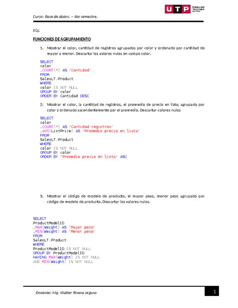 Base De Datos 4to Semestre Ejercicios Sql Funciones De Agrupamiento