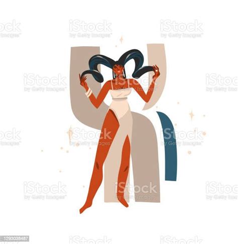 손으로 그린 벡터 스톡 추상적 인 평면 그래픽 일러스트와 조디악 점성술 기호 양자리 와 아름다움 마법 아프리카 계 미국인 여성 만화 예술 디자인 흰색 배경에 고립 개성