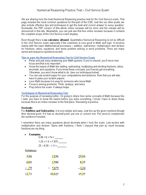 Numerical Reasoning Practice Test Civil Service Examination Pdf Fraction Mathematics