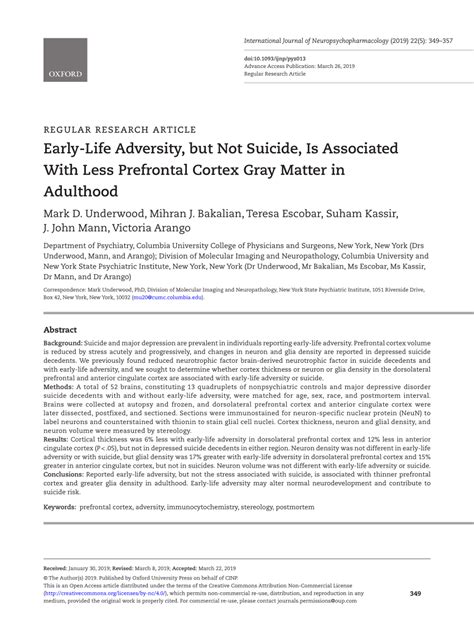 Pdf Early Life Adversity But Not Suicide Is Associated With Less Prefrontal Cortex Gray