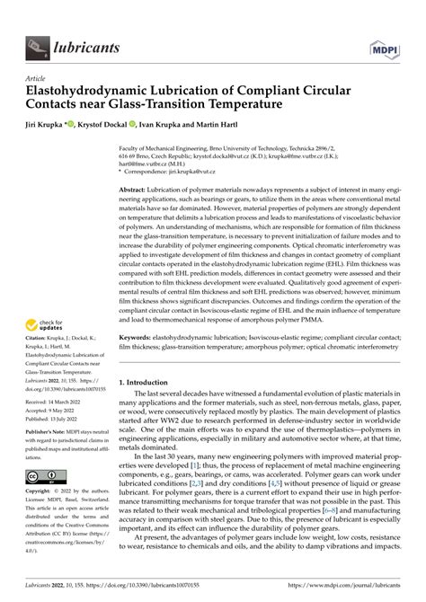 Pdf Elastohydrodynamic Lubrication Of Compliant Circular Contacts Near Glass Transition