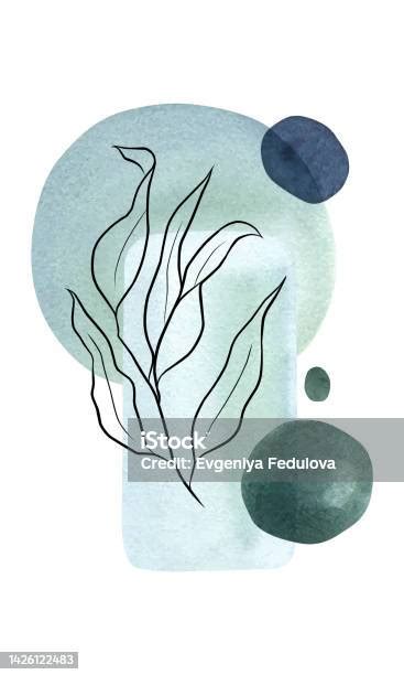 수채화 포스터 페인팅 모양 블루 아쿠아렐레 잉크 나뭇잎이있는 추상적 인 삽화 미니멀리스트 기하학적 요소와 손으로 그린 가지 벽 예술 포스터 0명에 대한 스톡 벡터 아트 및