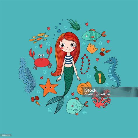 해양 그림을 설정합니다 작은 귀여운 만화 인 어 재미 있는 물고기 불가사리 메모 조류와 함께 병 다양 한 조개와 게 바다 테마입니다 여자 인어에 대한 스톡 벡터 아트 및