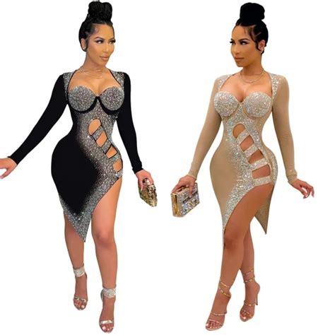 Lvk2123 New Sexy Diamond Long Sleeve Sexy Dress Fashion Night Dress