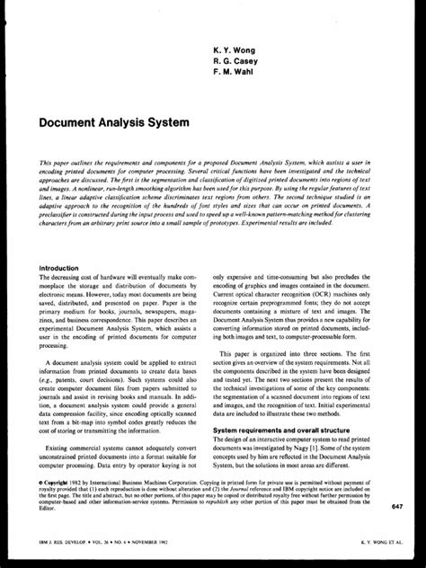 Document Analysis System Wong G Casey Wahl Pdf Optical Character Recognition Image