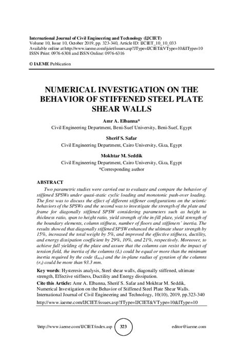 Pdf Numerical Investigation On The Behavior Of Stiffened Steel Plate Shear Walls