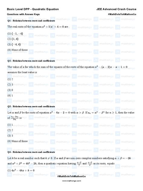 Basic Level Dpp Quadratic Equation Question Mathongo Pdf Quadratic Equation Equations