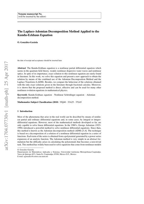 Pdf The Laplace Adomian Decomposition Method Applied To The Kundu Eckhaus Equation