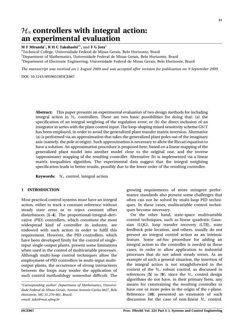 Pdf H Infinity Controllers With Integral Action An Experimental Evaluation