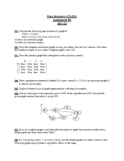 Assignment 3 Ds It Contains Problems On Graph And Related Algorithms Data Structure Cs 251