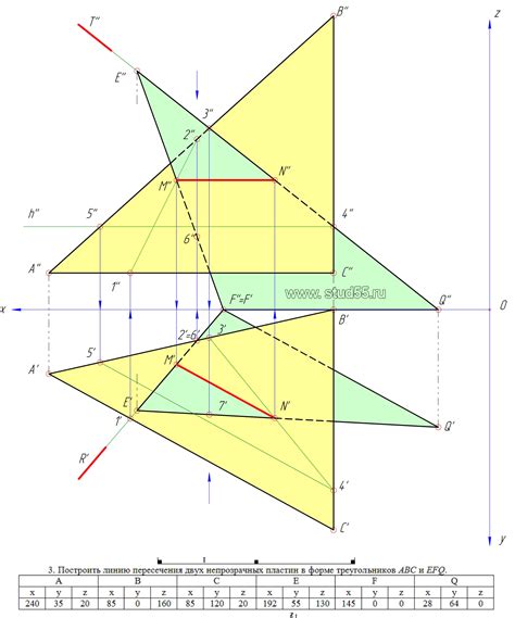 Построить линию пересечения двух непрозрачных фигур треугольника Abc и четырехугольника Defg