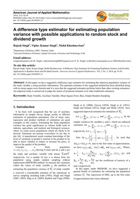 Pdf A Difference Type Estimator For Estimating Population Variance With Possible Applications