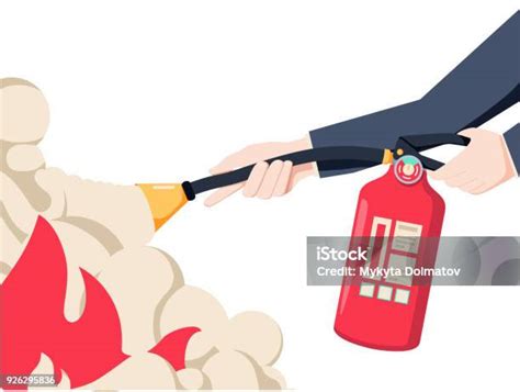 화재를 소화 소방 소화기 손에 잡으십시오 벡터 일러스트 레이 션 평면 디자인입니다 흰색 배경에 고립 소화기에 대한 스톡 벡터