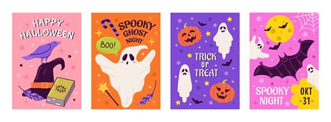 해피 할로윈 파티 포스터 또는 전단지 세트 호박 유령 달 박쥐 와 거미줄이 있는 벡터 일러스트 레이 션 10월에 대한 스톡 벡터