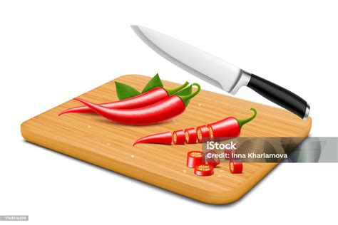 도마에 빨간 고추를 자르고 흰색 배경에 고립되어 있습니다 나무 너도밤나무 도마에 맛있는 고추를 칼로 썰어 놓았습니다 현실적인 3d 벡터 일러스트 레이 션 썰기에 대한 스톡