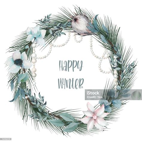 수채화 겨울 꽃 포인 세티아 소나무 및 유칼립투스 가지 진주 화환의 화환 크리스마스 카드 디자인 0명에 대한 스톡 벡터 아트 및 기타 이미지 Istock