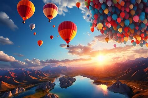 Premium AI Image Sky Bound Euphoria Balloons Rise With Sunset S Glow Enhanced By Generative AI