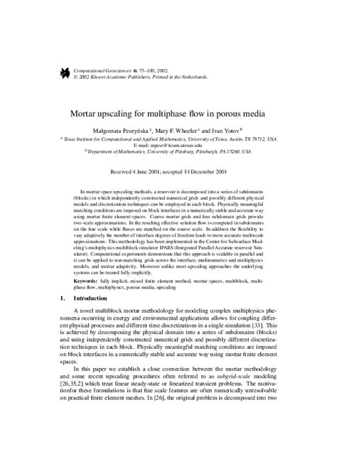 Pdf Mortar Upscaling For Multiphase Flow In Porous Media Malgorzata Peszynska
