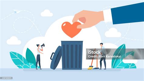 남자의 손은 마음을 쓰레기통에 던져 넣습니다 이혼 오해 깡통 쓰레기통에 던져진 사랑의 마음 연애의 끝 이별 이별 사람들을 화나게