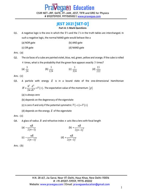 Jest 2021 Question Paper Download Free Pdf Light Physical Sciences