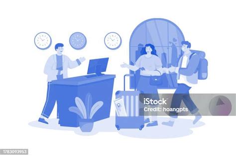 여행 가방을 든 젊은 커플이 호텔 리셉션 데스크에 서 있습니다 계절에 대한 스톡 벡터 아트 및 기타 이미지 계절 관광