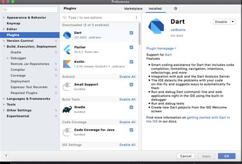 flutter and dart plugin not installed warnings in flutter