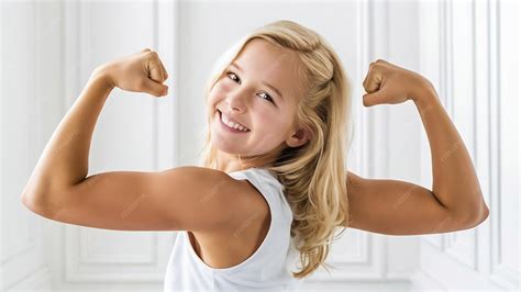 Premium Photo Image Of Positive Blond Girl Smiles Flex Biceps Shows