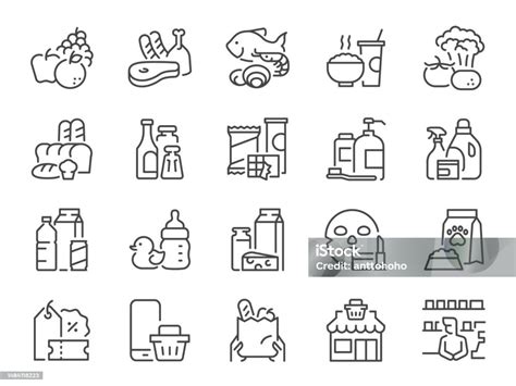 식료품 종류 아이콘 세트입니다 여기에는 식료품점 상점 슈퍼마켓 마트 벼룩시장 등이 포함되었습니다 아이콘에 대한 스톡 벡터 아트 및 기타 이미지 Istock