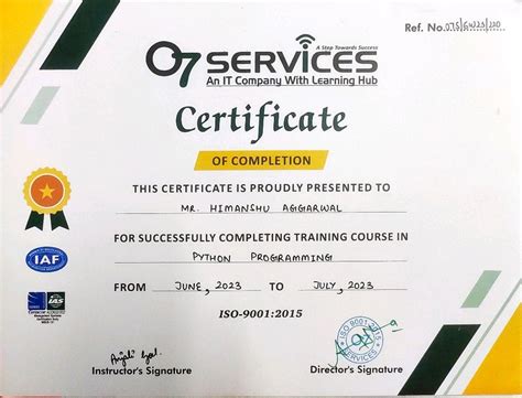 Certificate Of Completion Of 45 Days Python Programming Course From O7
