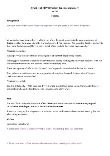 Grant Context Dependent Memory Teaching Resources