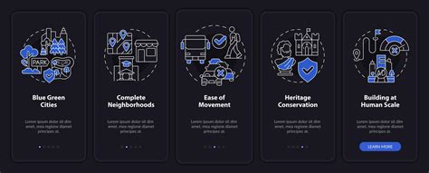 Urban Design Principles Night Mode Onboarding Mobile App Screen City Walkthrough 5 Steps