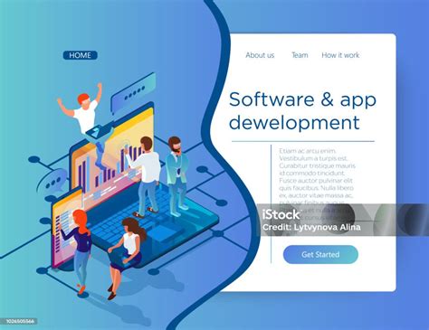 소프트웨어 및 모바일 응용 프로그램의 개발입니다 사이트 레이아웃입니다 다른 전문가 제품의 창조에 최선을 다하고 있습니다 아이소메트릭 3d 그림 3차원 형태에 대한 스톡 벡터