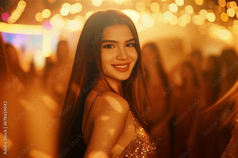 Beautiful Woman At Party People Dancing In The Night Club In Golden Light Chilling On Dance