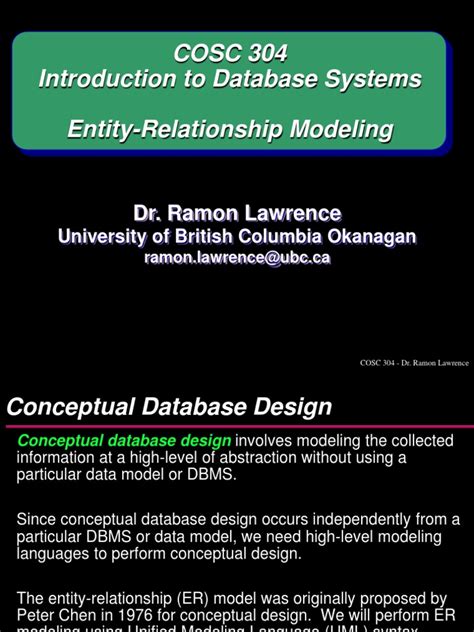 Cosc 304 Introduction To Database Systems Entity Relationship Modeling Download Free Pdf