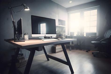 테이블 위에 컴퓨터가 있는 현대적인 사무실 인테리어 작업장 개념 3d 렌더링 무료 사진