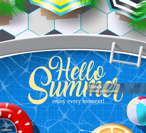 안녕하세요 여름 벡터 배너 디자인 안녕하세요 여름은 휴가 시즌에 플로터 우산 야자수 잎과 같은 요소와 수영장 배경에서 모든 순간 텍스트를 즐길 수 있습니다 수영장 스포츠