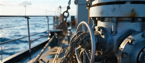 Forward Port Side Mooring Winch And Anchor Windlass With Chain And Heaved Up Green Manila Rope