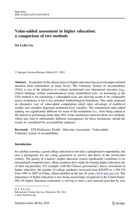 pdf value added assessment in higher education a comparison of two
