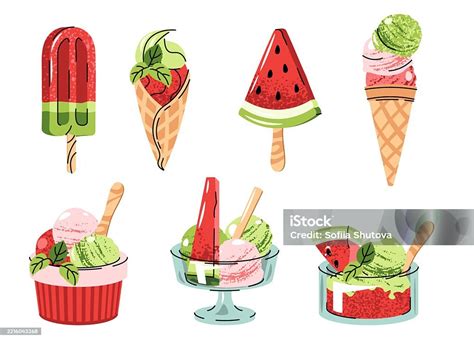 수박 아이스크림 일러스트 세트 아이스 캔디 와플 콘 셔벗 그릇 플랫 디자인 흰색 배경에 식품 로고 스티커 포장 디자인 카페 브랜딩 메뉴 라벨에 적합합니다 Popsicle