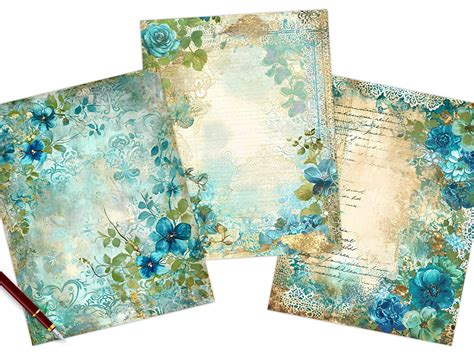 12 بک گراند کاغذ قدیمی با طرح گل های فیروه ای 🔥کد فایل 150050