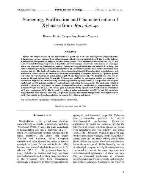 Pdf Screening Purification And Characterization Of Xylanase From Baccilus Sp