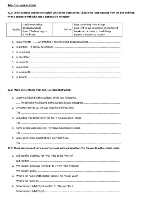 Adjective Clause Exercises Pdf