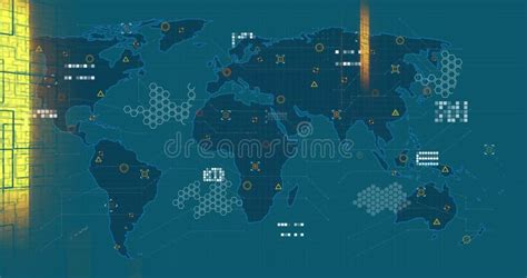 Animation Of Falling Yellow Blocks And Data Processing Over Blue World