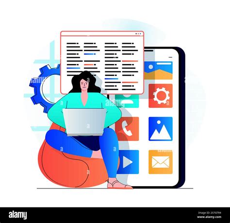 App Development Concept In Modern Flat Design Woman Developer Works On