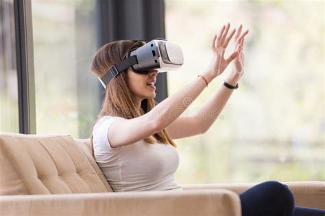 Woman Using VR Headset Glasses Of Virtual Reality Stock Image Image