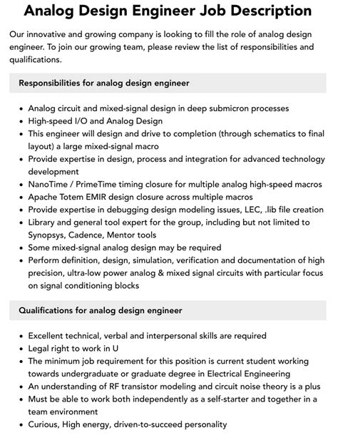 Analog Design Engineer Job Description Velvet Jobs Analog Design Engineer Job Description Velvet Jobs
