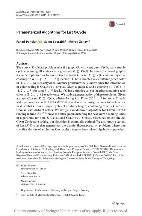 Parameterized Algorithms For List K Cycle Request PDF