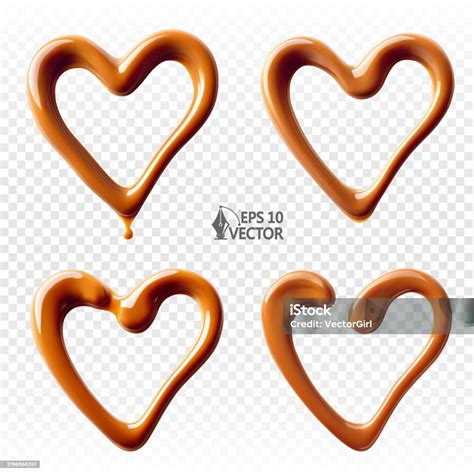 사실적인 액체 카라멜 하트 시럽 과자 소스 다양한 모양과 디자인 옵션의 장식 벡터 세트입니다 흰색 배경에 고립 된 포장 디자인을위한 3d 음식 그림 갈색에 대한 스톡 벡터