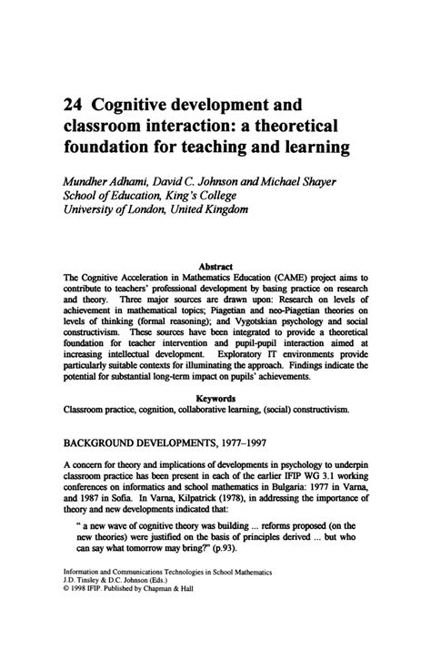 Pdf Cognitive Development And Classroom Interaction A Theoretical Foundation For Teaching And