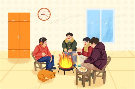 冬天全家在室内烤火取暖插画背景图片下载 3000x2000像素JPG格式 编号vnjfl2ymz 图精灵